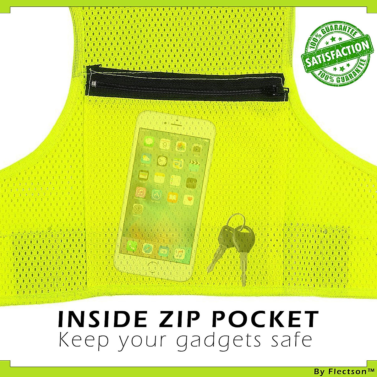 Reflective Running Vest - 360° High Visibility Yellow Safety Vest with Adjustable Side Closure and Inside Pocket - Large