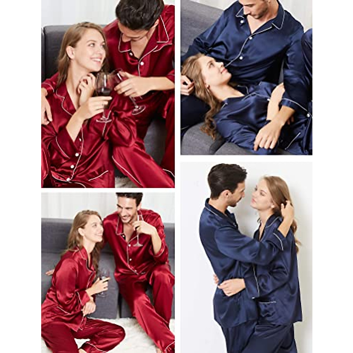 SWOMOG Womens Silk Satin Pajamas Long Sleeve Loungewear Two-piece Sleepwear Button Down Pj Set Black