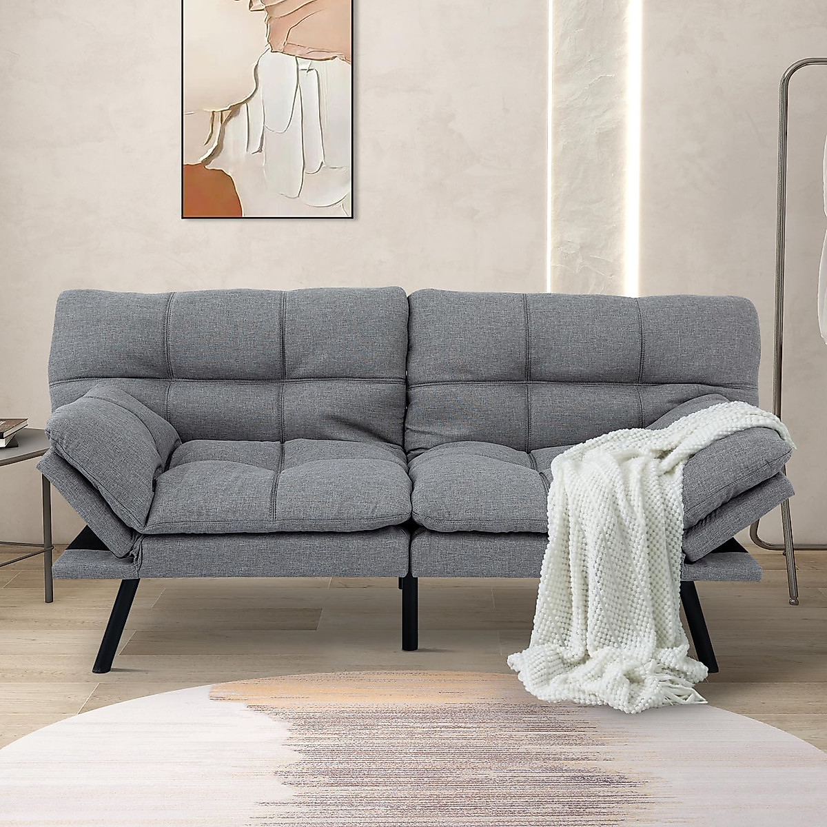 MUUEGM Futon Sofa Bed, Convertible Memory Foam Couch Bed for Living Room,Office,Apartment,71" Adjustable Sleeper Sofa,Light Grey