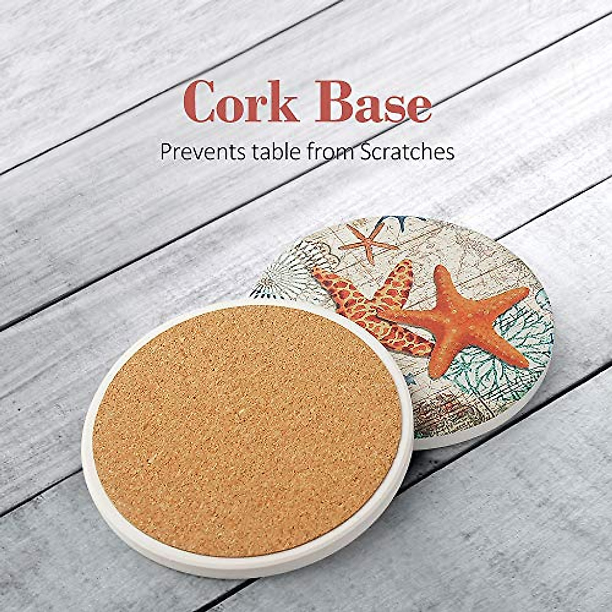 Absorbent Coasters Stone Coaster Set of 8, Cork Base, with Holder, RayPard Beach Theme Sea Life Coastal Coasters for Housewarming Apartment Kitchen Room Bar Decor ,Ocean Life(Black Holder)
