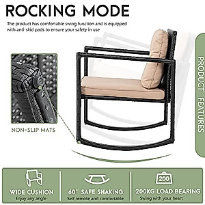FDW Wicker Patio Furniture Sets Outdoor Bistro Set Rocking Chair 3 Piece Patio Set Rattan Chair Conversation Set for Backyard Porch Poolside Lawn with Coffee Table,Black