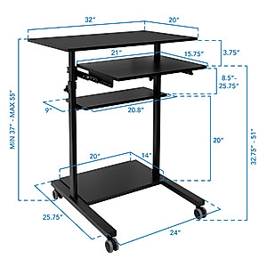 Mount-It! Mobile Standing Desk with Retractable Keyboard Platform | Height Adjustable Stand Up Computer Workstation | Locking Wheels, 99 Lbs Capacity