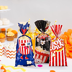 Teling 100 Pcs Popcorn Bags for Party, Popcorn Treat Bags Set, 100 Pcs Candy Bags Red White Stripe Cookie Snacks Bags with 150 Red Twist Ties for Christmas Carnival Birthday Party Favor (Cute Style)