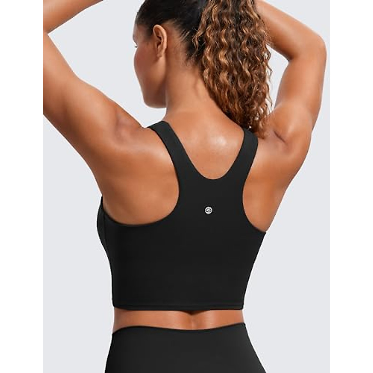 CRZ YOGA Butterluxe Womens Racerback High Neck Longline Sports Bra - Padded Workout Crop Tank Tops with Built in Shelf Bra Black Medium