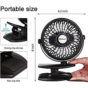 AJOYEUX Battery Operated Clip on Fan, Portable Rechargeable Personal fan (5 inch) for stroller, camping, cart seat, gym, Black