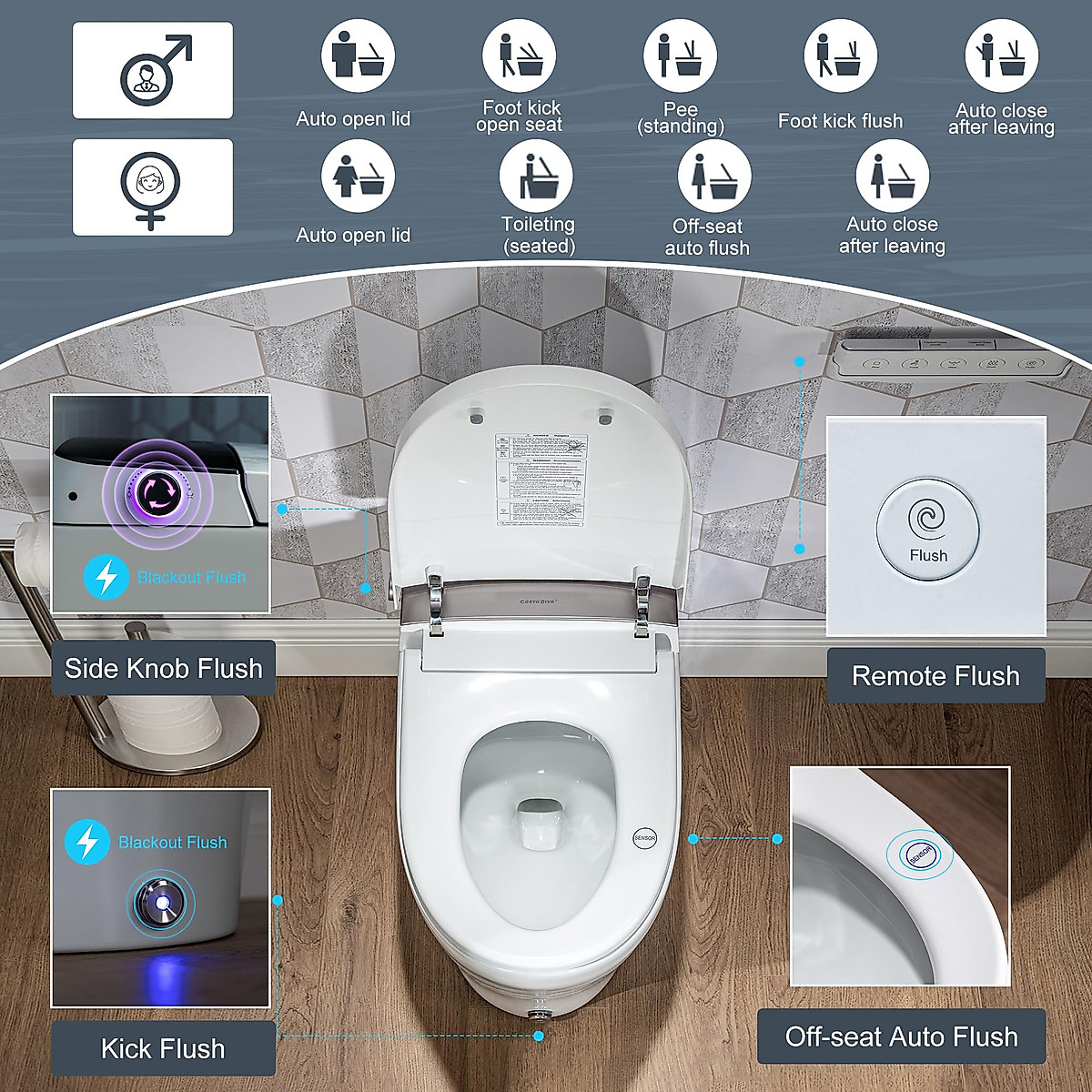Casta Diva Smart Toilet with Tank and Bidet Built-in Quiet Powerful Auto Flushing Auto Open/Close 1.06GPF Toilets for Bathrooms with Low Water Pressure
