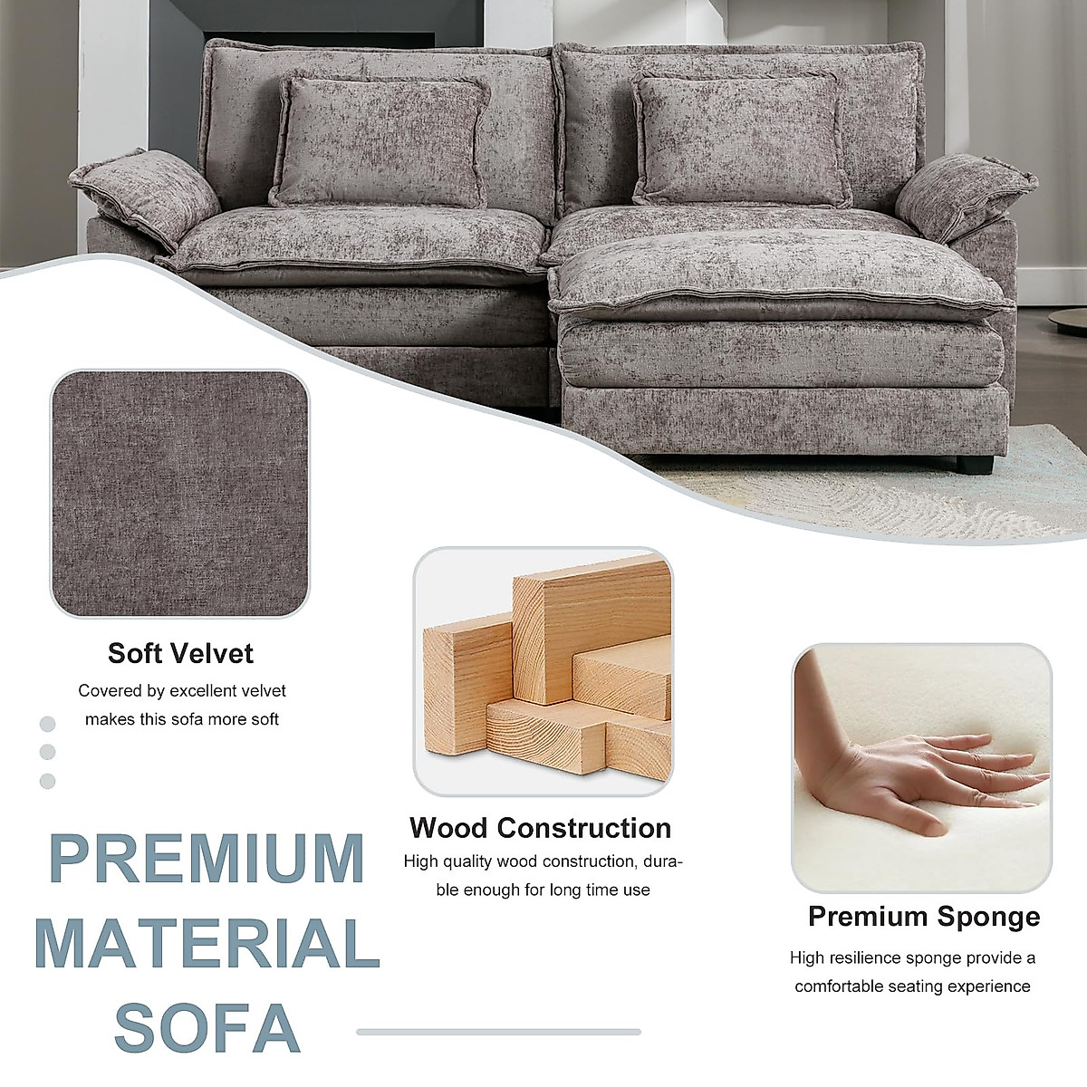 URRED Sectional Sofa Couch, Modern Chenille Sofa Sleeper Deep Seat Couches with Ottoman/Pillows for Living Room, Grey