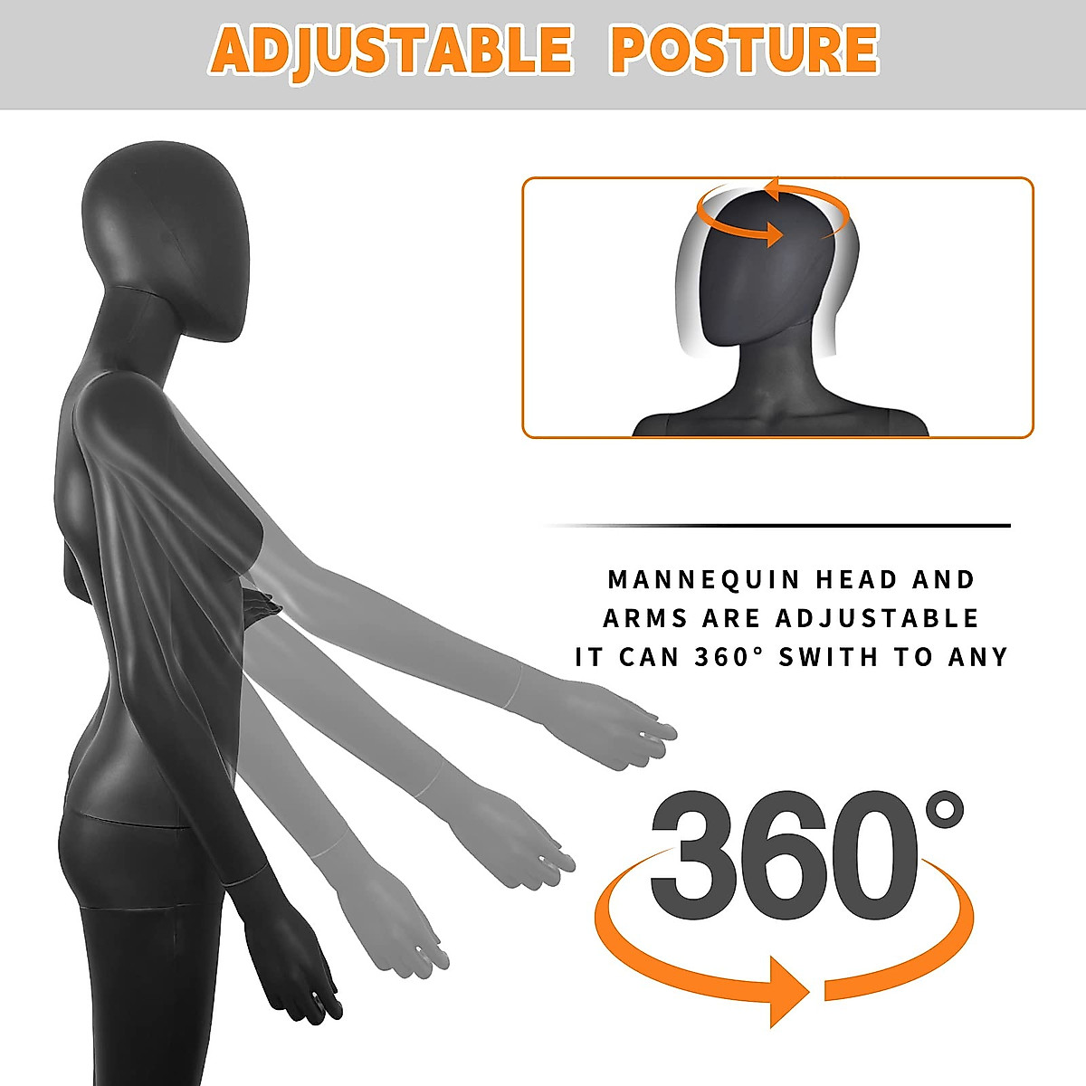 Black Female Mannequin Full Body Mannequin Torso Dress Form Sewing Dress Model 70 Inches Adjustable Dress Mannequin Clothing Form Plastic Detachable Mannequin Stand Realistic Display Mannequin