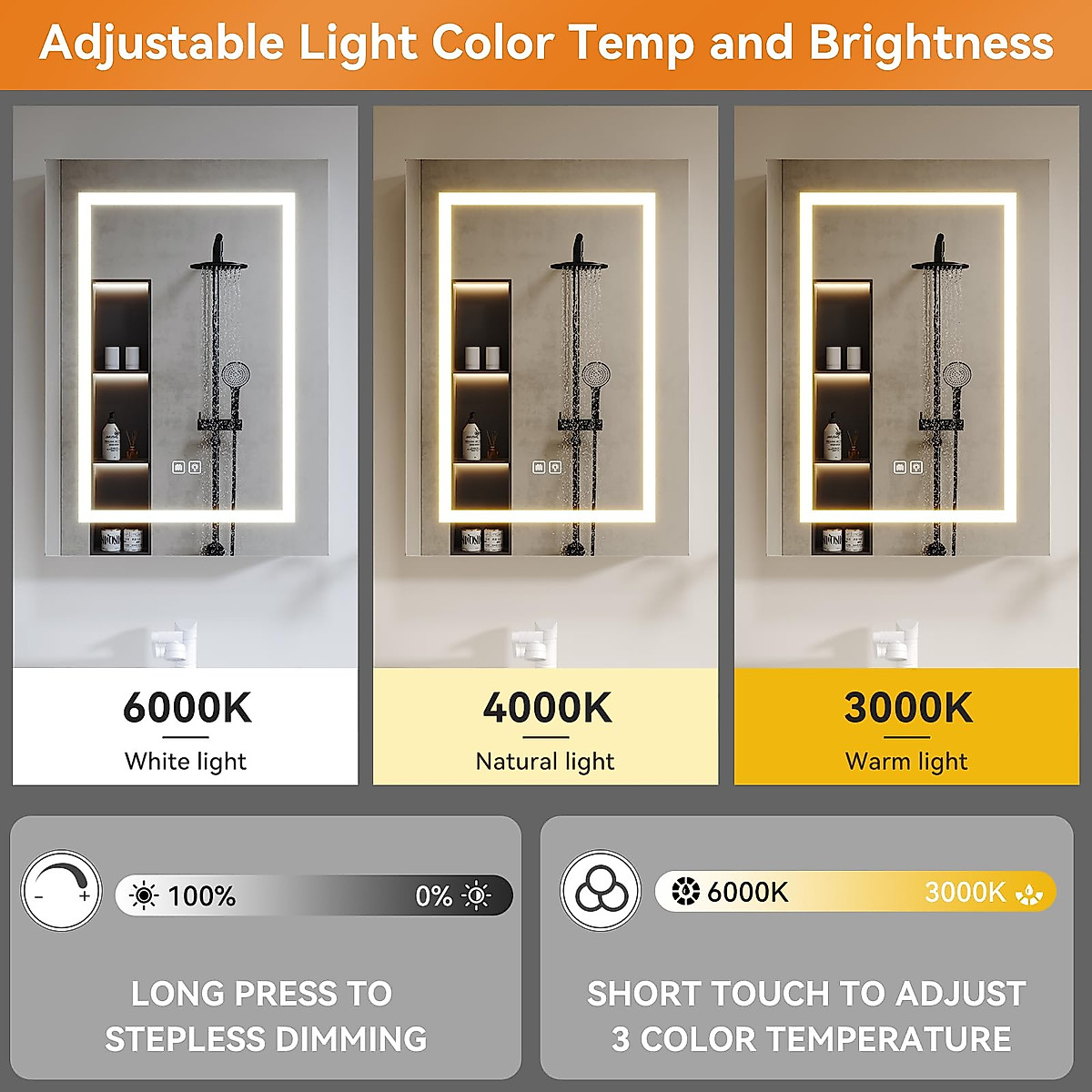 AOOCOW Bathroom Medicine Cabinet with Lights, 20 x 28 Inches LED Mirror Medicine Cabinet, Defogger,3-Color Temp, Black Aluminum Lighted Medicine Cabinet, Surface Mount