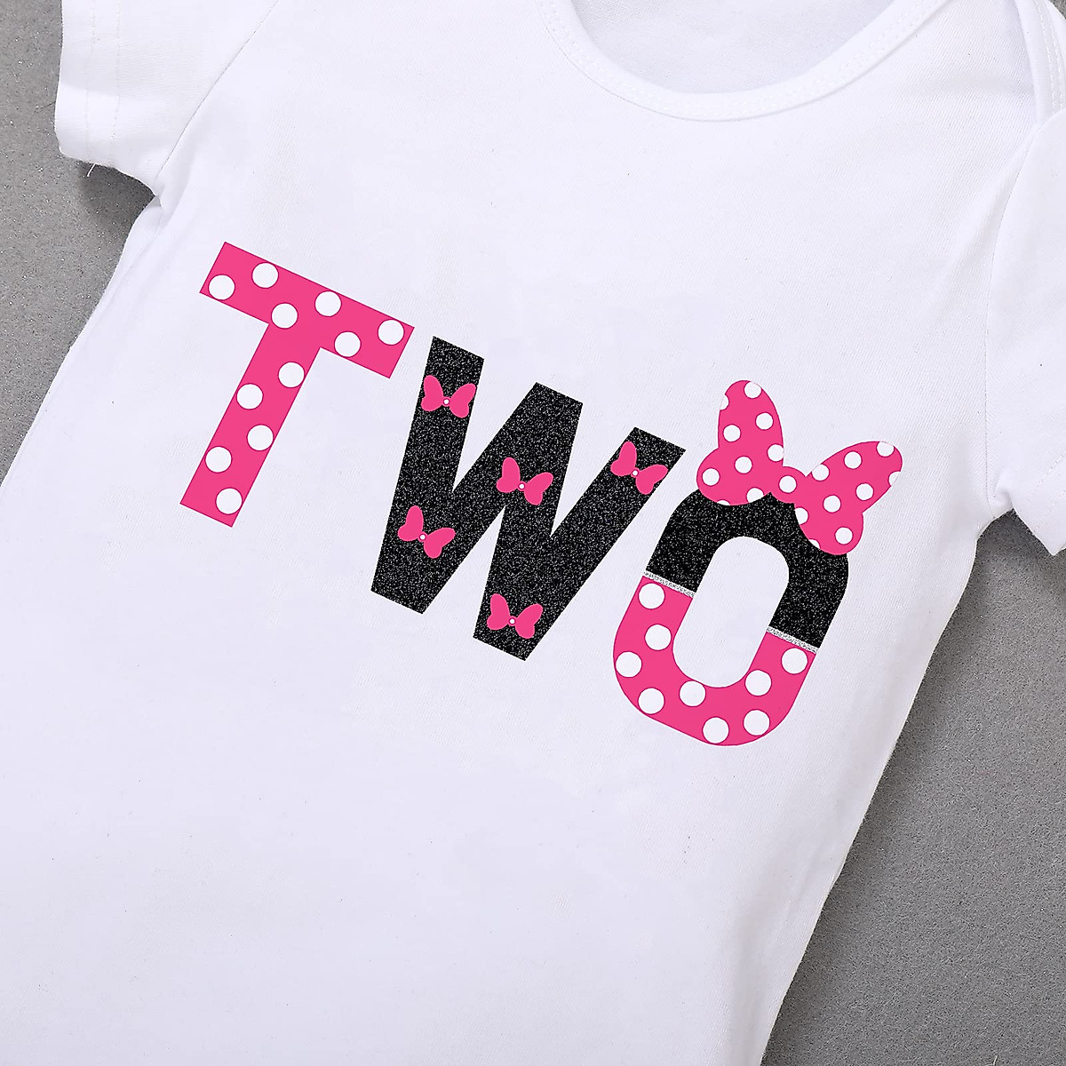 Mouse 2nd Birthday Outfits Baby Girls Short Sleeve Romper Polka Dots Mini Tutu Skirt Headband 2 Years Old Cake Smash Photo Props I’m Two 1st First Second Birthday Party Supply Clothing Set Hot Pink 2T