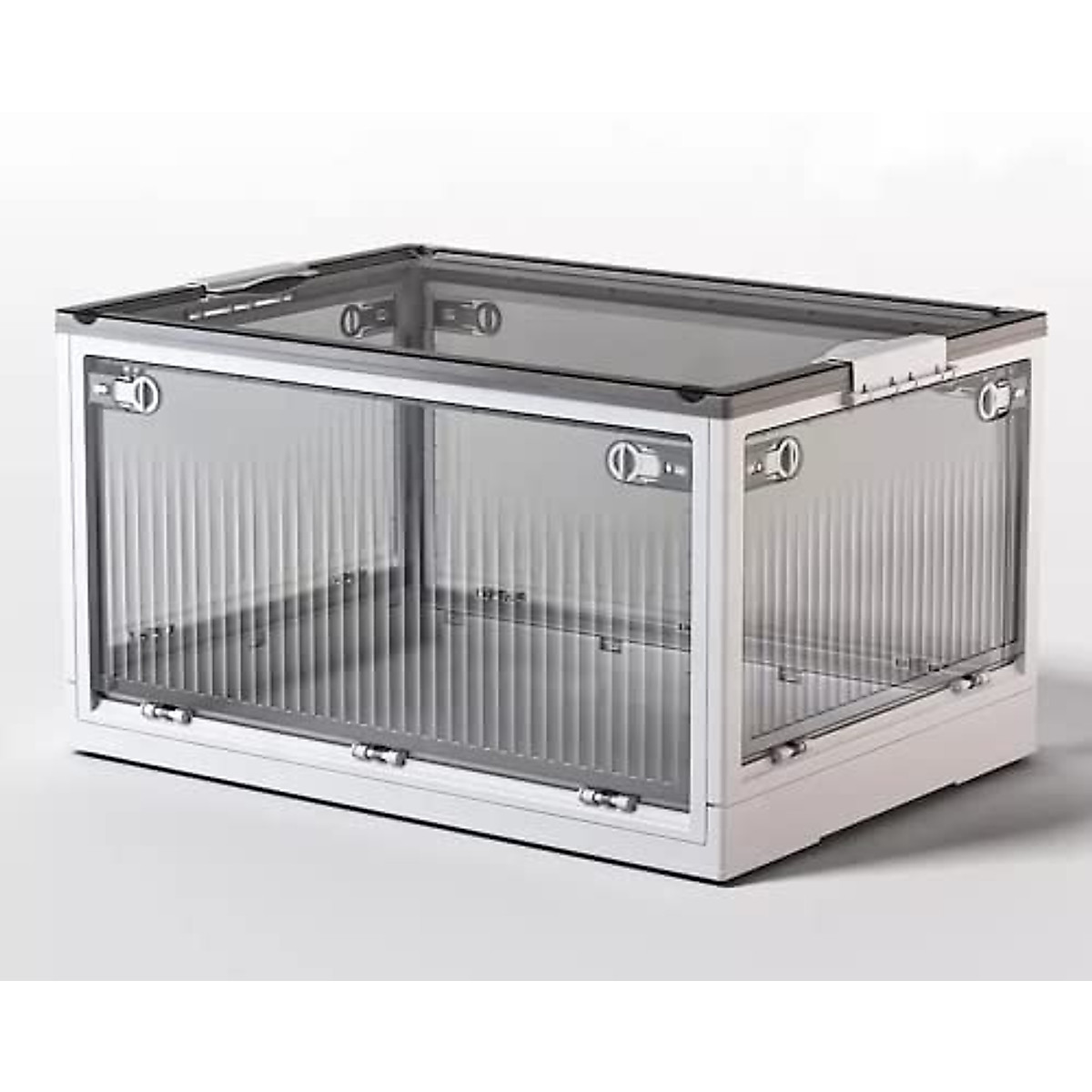 Folding Collapsible Storage Box and Organizer - Transparent - Easy to access - Stackable - Plastic Basket - Portable Bin with Wheels (White)