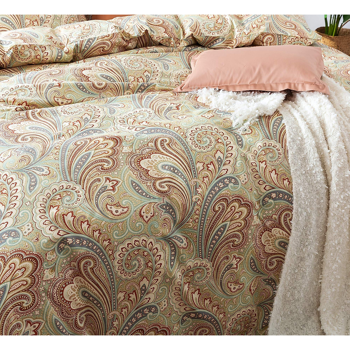 Eikei Boho Paisley Print Luxury Duvet Quilt Cover and Shams 3pc Bedding Set Bohemian Damask Medallion 350TC Egyptian Cotton Sateen (Rust, Queen)