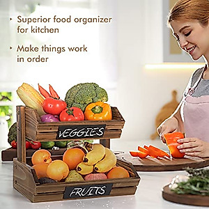 Rustic Fruit Basket, 2 Tier Standing Fruit Basket, Wooden Food Organizer & Retro Vegetable Stand Bread Racks, Farmhouse Food Basket for Kitchen, Office, Dining Room and Guest Room (Need Assemble)