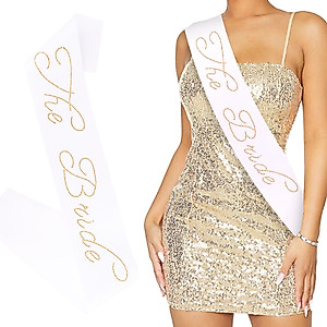 BAHABY Rhinestone Bride to Be Sash Bachelorette Party Favors Bachelorette Sash for Women Bridal Shower Gifts Engagement Party Decorations- White Sash with Gold Rhinestone