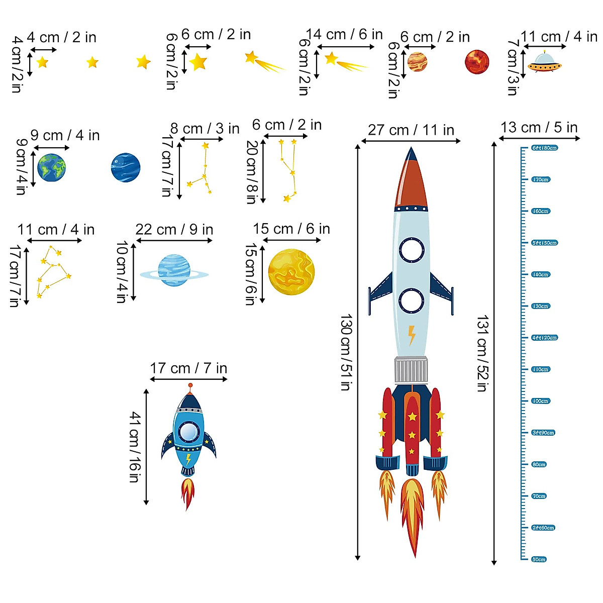 decalmile Wall Stickers Rocket Planets Height Measurement Picture Wall Sticker Space Wall Decoration Baby Boy Living Room