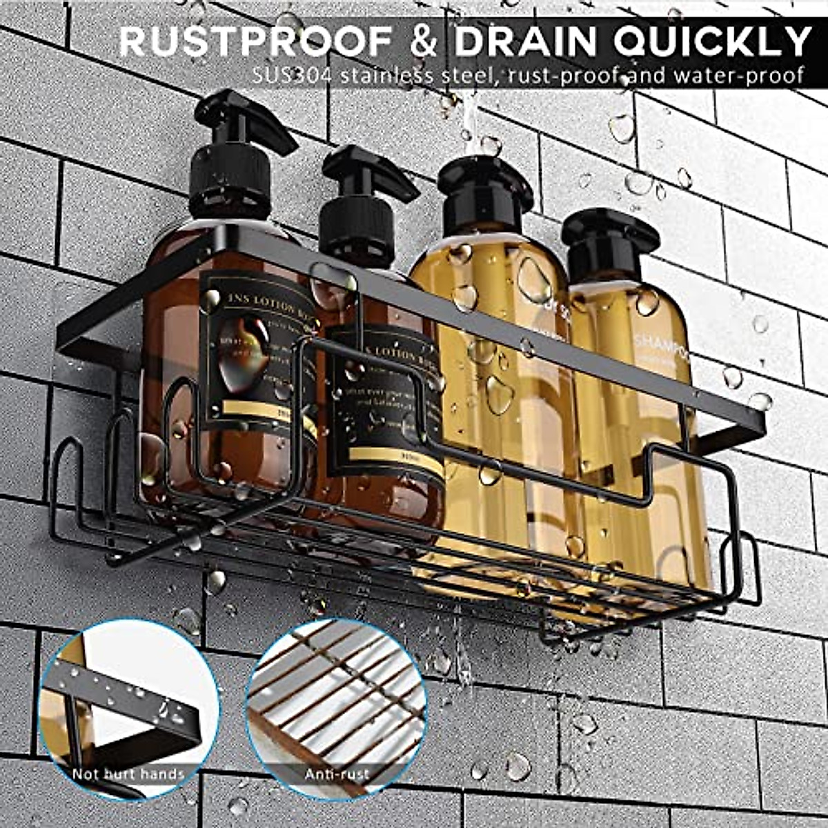 Shower Caddy 2 Pack with Soap Holder, Adhesive Shower Caddy Shelf with 11 Hooks, Wall Mounted Bathroom Shower 0rganizer Stainless Steel No Drilling Black Shower Rack Basket for Inside Shower, Kitchen