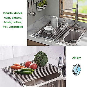 Tomorotec Roll Up Dish Drying Rack Over The Sink Grey Large Dish Drying Rack Rolling Foldable Collapsible SUS304 Stainless Steel Multipurpose Dish Drainer for Kitchen Counter (17.8”x15.7”)
