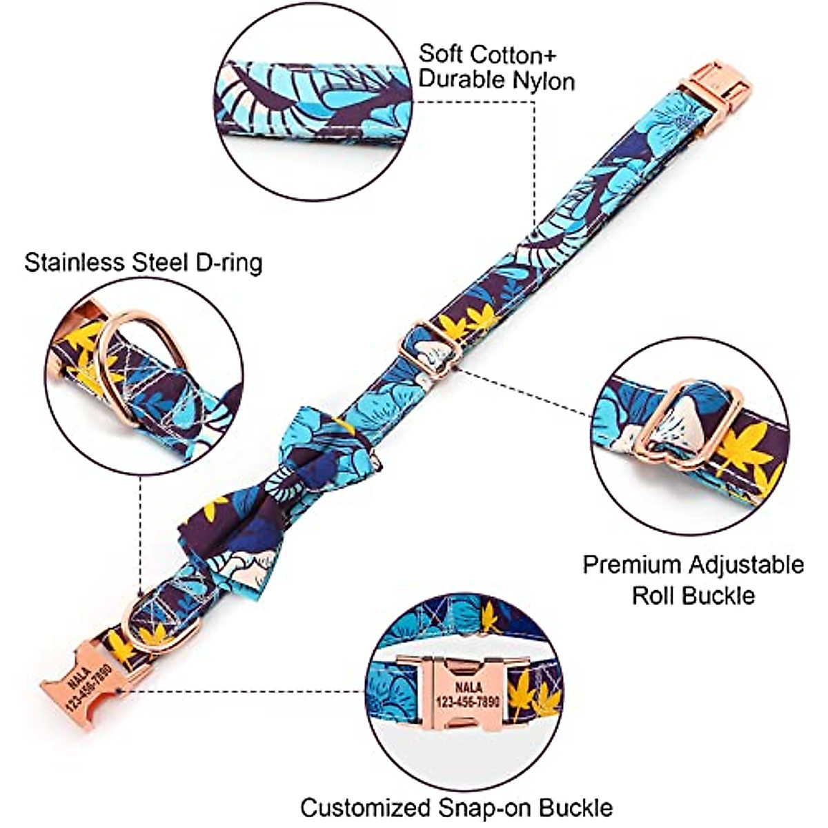 Personalized Dog Collars with Bowtie for Female Dogs,Cute Custom Dog Collar for Girl Dog Engraved with Name and Phone Number for Puppy Small Medium Large Dogs