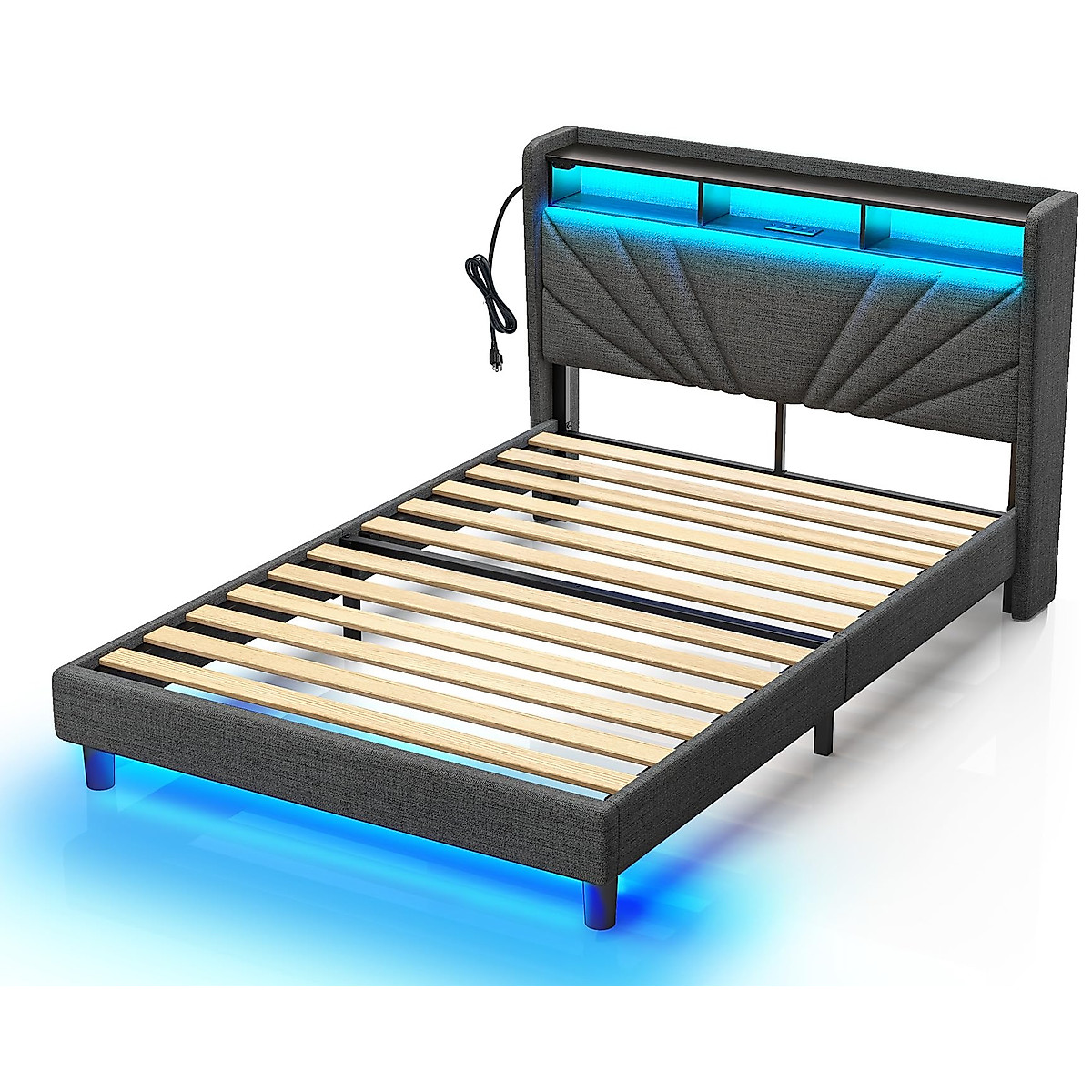Rolanstar Twin Size Bed Frame, Storage Headboard with Charging Station and LED Lights, Upholstered Bed with Heavy Duty Wood Slats, No Box Spring Needed, Noise Free, Easy Assembly, Dark Grey