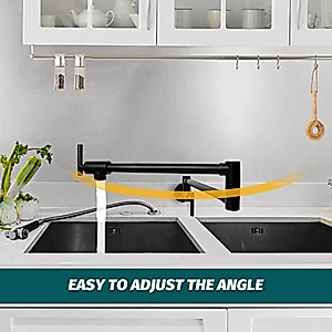 Pot Filler Faucet, Solid Brass Commercial Pot Filler Wall Mount Kitchen Stove Faucet Folding Restaurant Sink Faucet with Joint Swing Arm & Handles (Black)