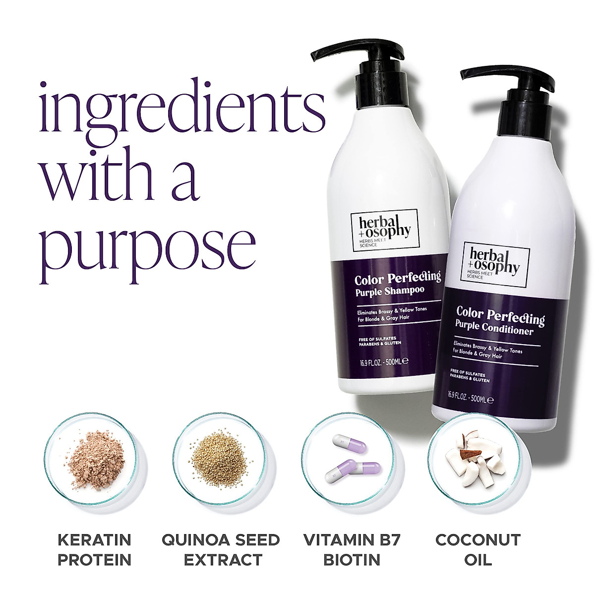 Herbalosophy 2 x 16.9 Fl Oz Purple Shampoo & Conditioner Set for Blonde and Gray Hair, with 3.38 Fl Oz Hair Serum, Eliminates Brassy and Yellow Tones