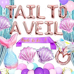LaVenty 126 PCS Tail To Veil Bachelorette Decoration Mermaid Bachelorette Decoration Tail To Veil Balloons Bride To Be Sash for Mermaid Engagement Bridal Shower Party Blue Tinsel Curtain
