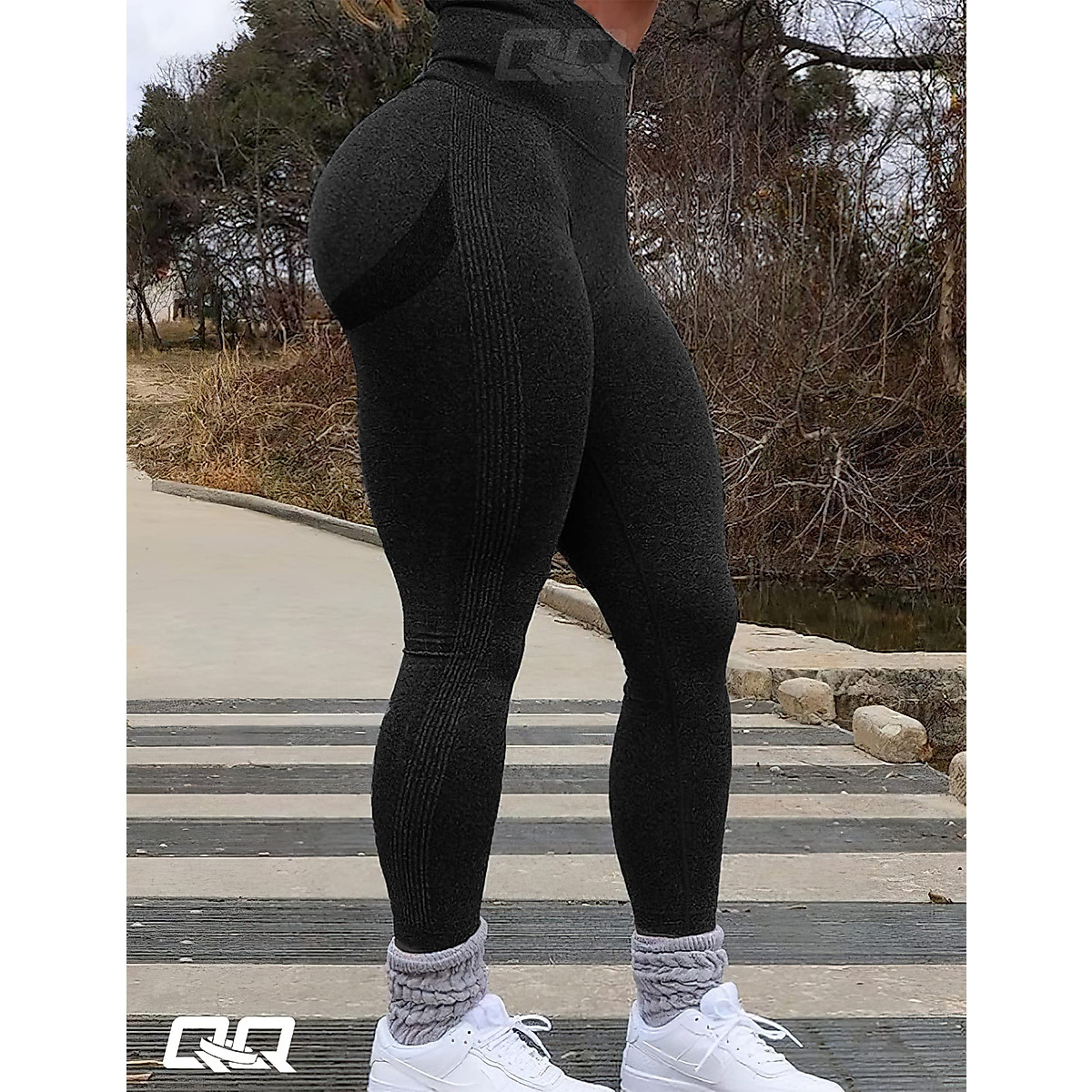 QOQ Women High Waist Workout Leggings Seamless Butt Lift Scrunch Booty Yoga Pants Vital Tummy Control Compression Tights Black XXL