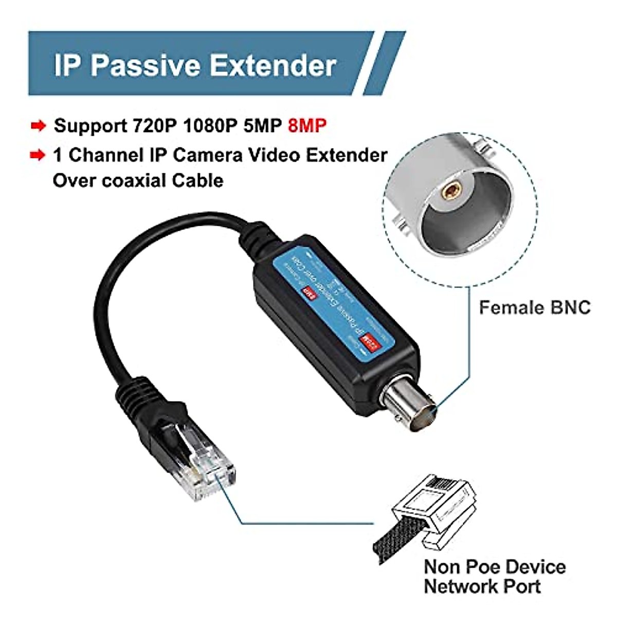 8MP IP Passive Extender Ethernet Over Coax 1-CH, IP Network to Coaxial Transmitter IP Network, Converter Fit CCTV Camera UTP RG59/ RJ45 4-Wired BNC Video Balun