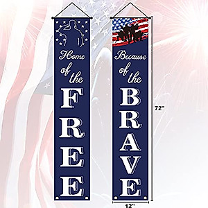 Patriotic Soldier Porch Sign Banners -“HOME of the FREE” and “Because of the BRAVE”- 4th of July Decor - American Flag Hanging Banner for Independence Day/ Memorial Day/ Veterans Day/ Labor Day