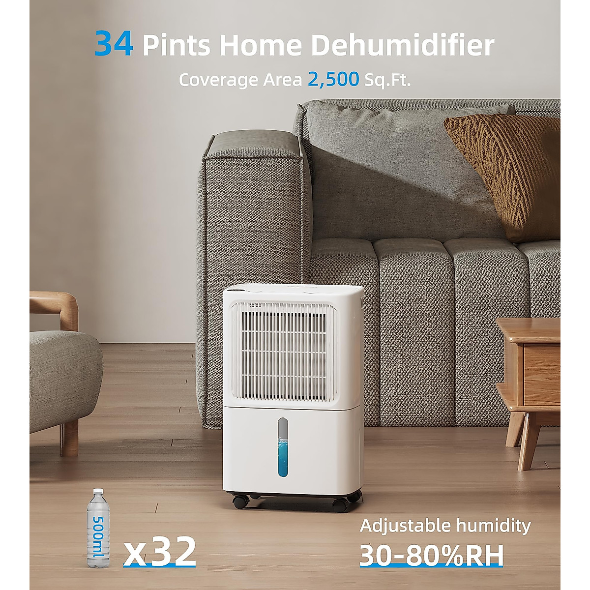VEAGASO 2500 Sq. Ft Dehumidifier for Basement, 34 Pint Dehumidifiers For Home, Large Room, Auto Drain or Manual Drainage, Digital Control Panel, Auto Defrost, 24H Timer, Child Lock