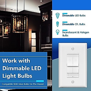 LIDER Combination Dual Dimmer Light Switch Control, 2 Sliding Light Controls, Single Pole, 400W CFL/LED, 600W Incandescent/Halogen, Wall Plate Included, White