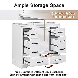 Merax 36" Bathroom Vanities Sink Set, Ceramic Undermount Top, Freestanding Cabinet with Door and Multi-Functional Drawers, Storage Divider, White