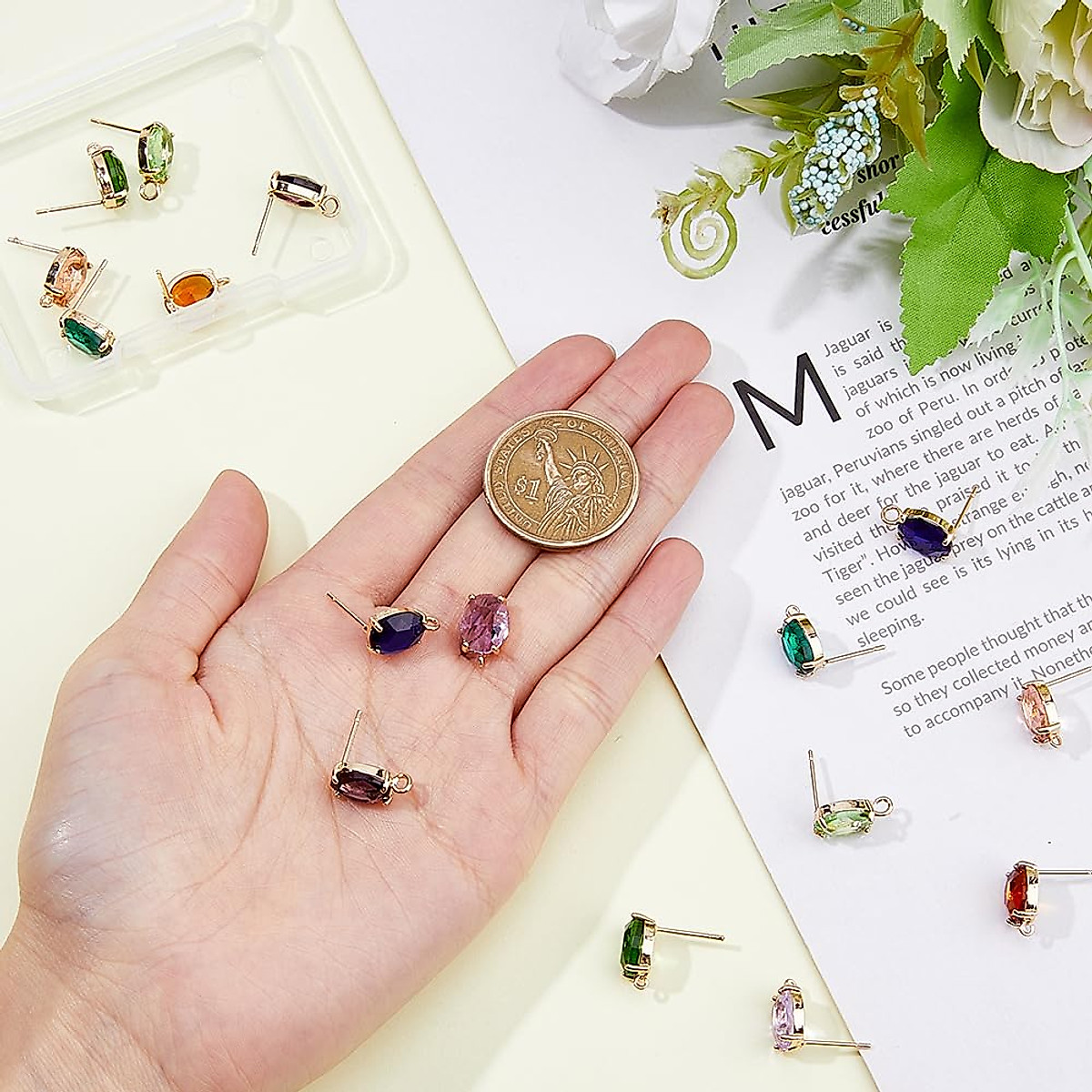 SUPERFINDINGS 16Pcs 8 Colors Brass Stud Earring Findings with Glass Gold CZ Earring Findings Oval Ear Piercing Plugs with Loop for Dangle Earring Jewelry Making,Hole: 1.2mm, Pin: 0.6~0.7mm