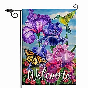 Hzppyz Welcome Spring Hummingbird Iris Garden Flag Double Sided, Purple Flower Bird Yellow Butterfly Decorative House Yard Outdoor Small Decor, Summer Floral Arrangement Home Outside Decoration 12x18
