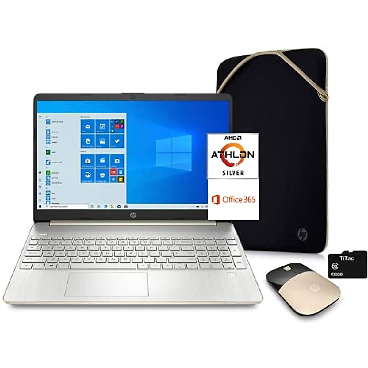 HP 2021 Pavilion 15 15.6" HD Laptop Computer, AMD Athlon Silver 3050U (Beats i3-7100U), 4GB DDR4, 128GB SSD, Webcam, USB-C, HDMI, 1 Year of Microsoft 365, Windows 10 S, Gold, TiTac Accessory