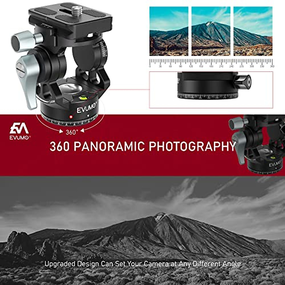 EVUMO H3 Mini Fluid Video Tripod Head, 360° Panoramic Compact Lightweight Camera Video Head for Tripod DSLR Camcorder Telescope, with Quick Release Plates & Detachable Handle, Max Load 8.8lbs/4.0kg