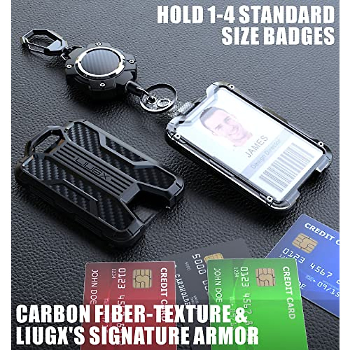 LIUGX Retractable Badge Holders, Heavy Duty Retractable Keychain, Carbon Fiber-Texture, Durable ID Card Holder (Holds 4 Cards), with 31.5” Retractable Badge Reel Key Chain, 10,000+ Rebound