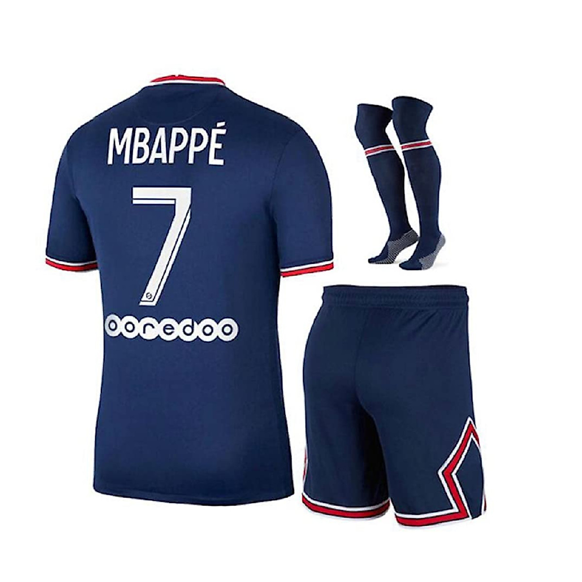 Genu Paris Mbappe Blue Home 21/22 Soccer Kids Jersey + Shorts + Socks Set Kit Size Medium (8-9 Years Old) for Youth