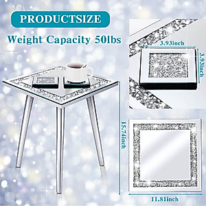 Mirrored End Table with Glass Mirrored Coasters Modern Silver Accent Table Bling Mirror Side Table Crushed Crystal Coasters Crushed Diamond Cup Mat for Living Room Home Kitchen (Square, 3 Pcs)