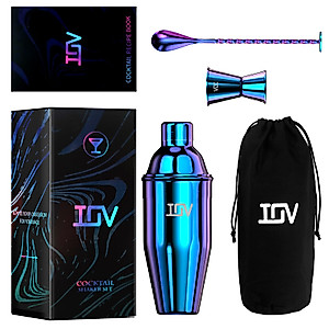 IOV Cocktail Shaker Bar Set, 24oz Martini Shaker with Built-In Strainer, Bar Tool Kit with Recipes Booklet, Professional Stainless Steel Large Bartender Drink Shaker Margarita alcohol Mixer-Rainbow