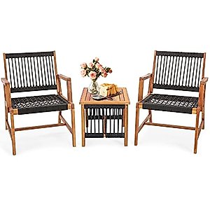 Tangkula 3 Pieces Acacia Wood Outdoor Furniture Set, All-Weather Rope Woven Bistro Set with Armchairs and Coffee Table, Patio Conversation Set for Front Porch, Deck, Balcony