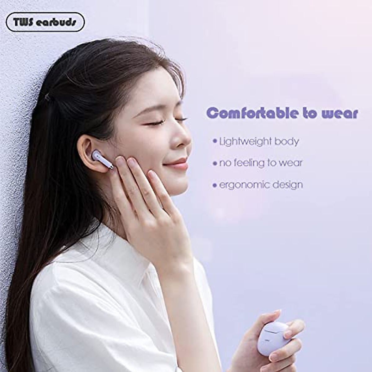 True Wireless Earbuds Purple Bluetooth 5.3 with Microphone for Working Out Noise Canceling Blue Tooth Ear Buds Deep Bass TWS Wireless Earphones with Charging Case in Ear Headphone for iPhone Android