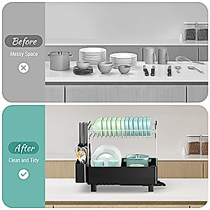 Klvied Dish Rack with Swivel Spout, 2 Tier Drying Rack for Kitchen Counter, Large Dish Drying Rack with Drainboard, Dish Strainers for Kitchen Counter, 304 Stainless Steel Dish Drying Rack, Black