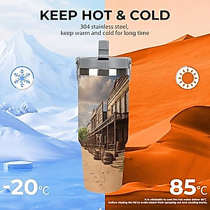 BWQJKUO Large Capacity Car Cup 30 Oz Stainless Steel Old Wild West Cowboy Town Printed Travel Mug Leak-proof Flip Straw Tumbler with Handle,keeps Cold Or Ho
