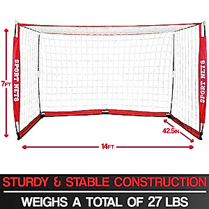 Full Size Soccer Goals for Backyard (14x7) with Carry Bag, Quick Set Up and Take Down - Strong 7 Ply Net, Built to Handle Powerful Shots - Develop Advanced Soccer Techniques and Finishing Moves