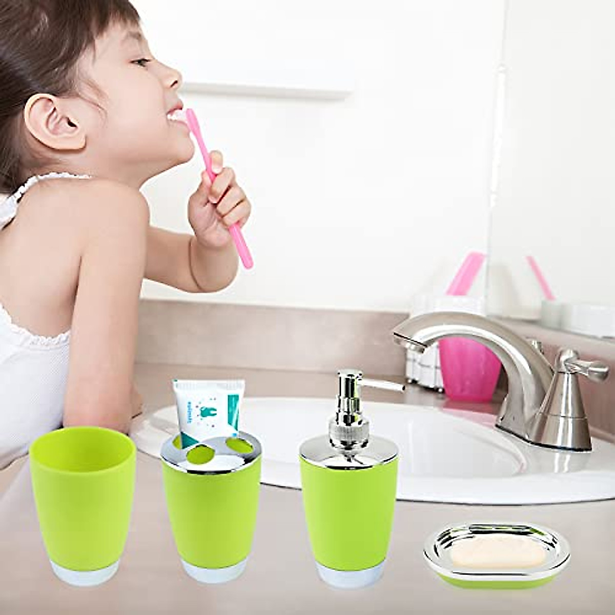 6 Piece Bathroom Accessories Set, Plastic Bath Ensemble Bath Set Lotion Bottles Toothbrush Holder Tooth Mug Soap Dish Toilet Brush Trash Can Decorative Bath Accessory Kit, Green