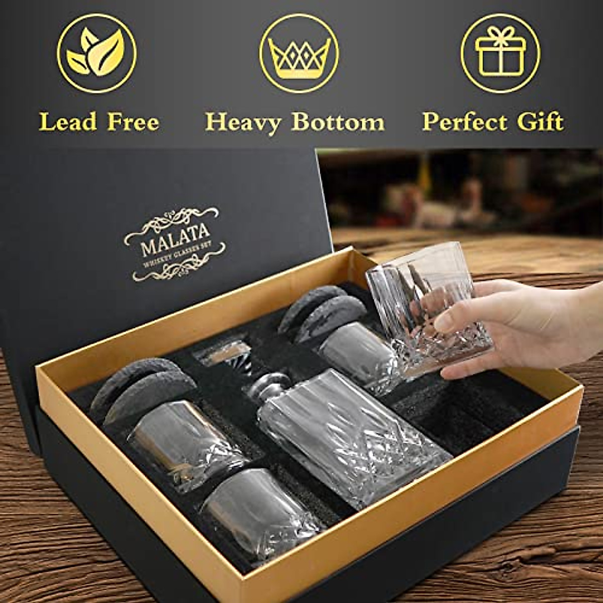 Whiskey Decanter and Glasses Set Crystal Bourbon Decanter Set with 4 Whiskey Glasses for Liquor Scotch Rum Vodka Gifts for Men Dad Husband Birthday Anniversary Plus 4 Free Coasters