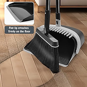 JEHONN Broom and Dust Pan, 54.3 inches Long Handle Swivel Brush, Upright Foldable Dustpan with Comb Teeth for Home Kitchen Lobby Indoor Floor Cleaning (Black & Gray)