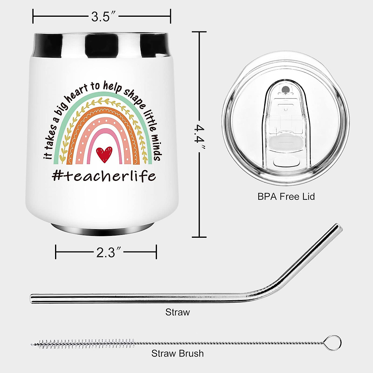 Teacher Gifts for Women - It Takes a Big Heart to Shape Little Minds 12 Oz Wine Tumbler Funny Teacher's Day Teacher Appreciation Gifts for Teachers from Student,Graduation Present for Teachers