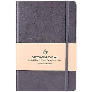 Dotted Grid Notebook/Journal - Dot Grid Hard Cover Notebook, Premium Thick Paper with Fine Inner Pocket, Dark Gray Smooth Faux Leather, 5''×8.25''